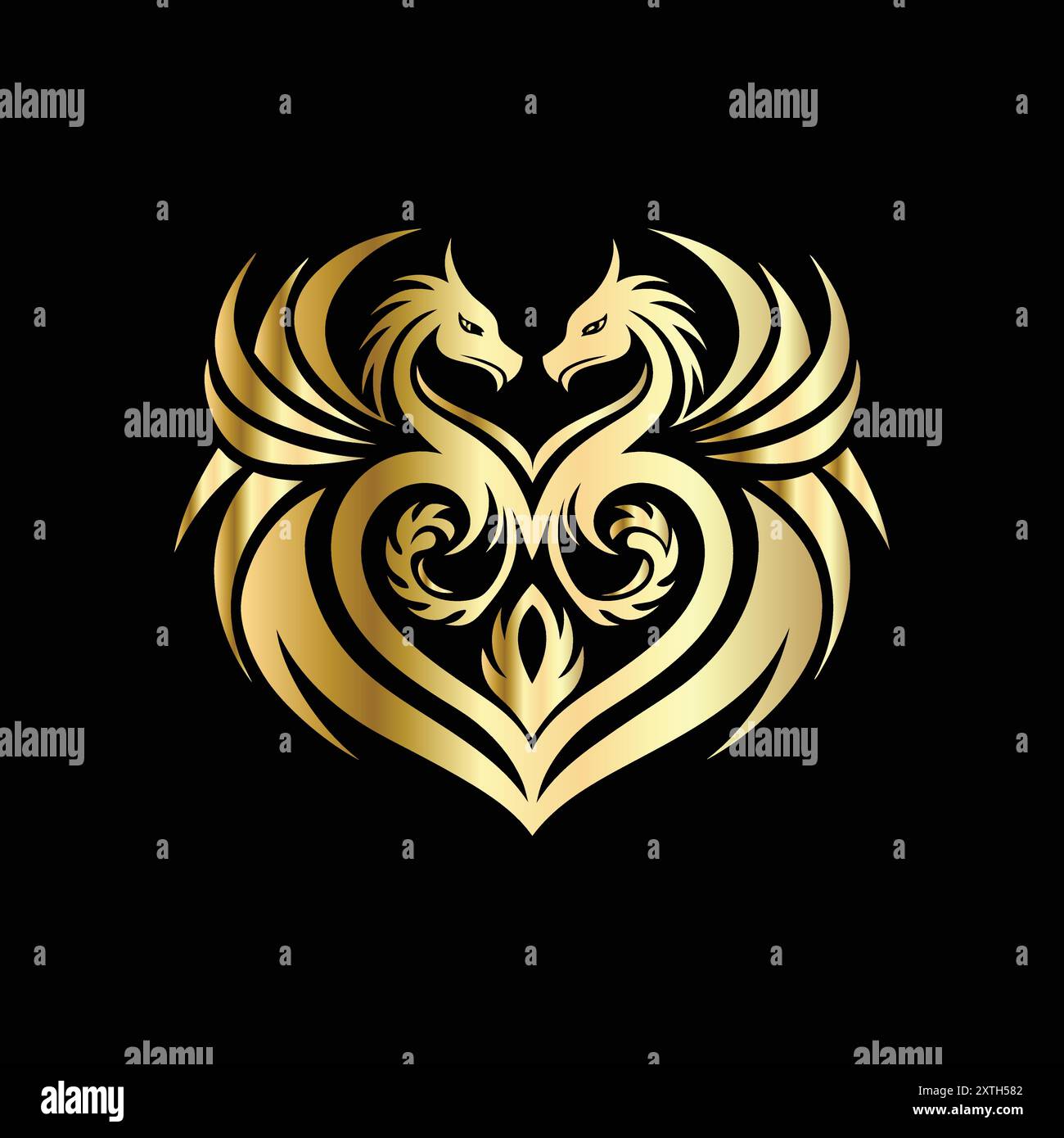 Golden winged dragon with heart shape on black background. Vector ...