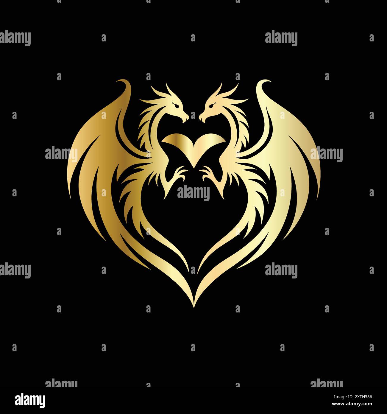 Golden winged dragon with heart shape on black background. Vector ...