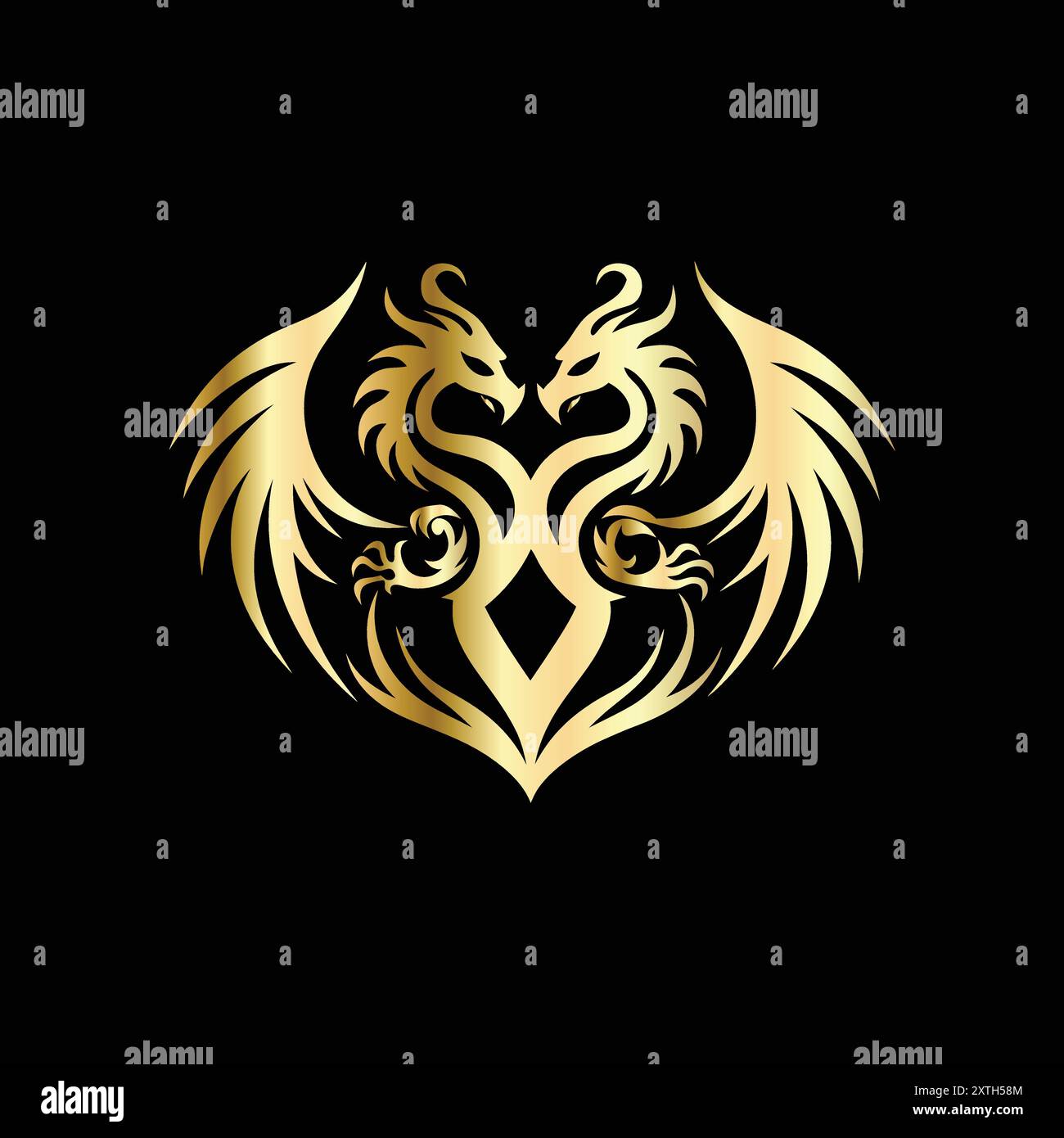 Golden winged dragon with heart shape on black background. Vector ...