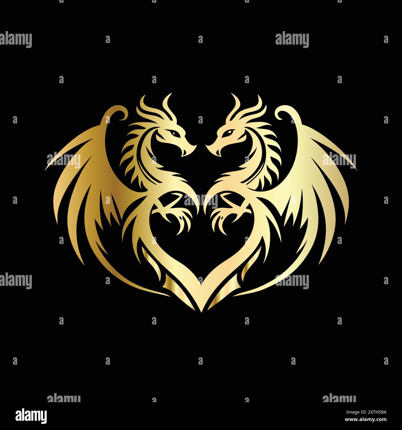 Golden winged dragon with heart shape on black background. Vector ...