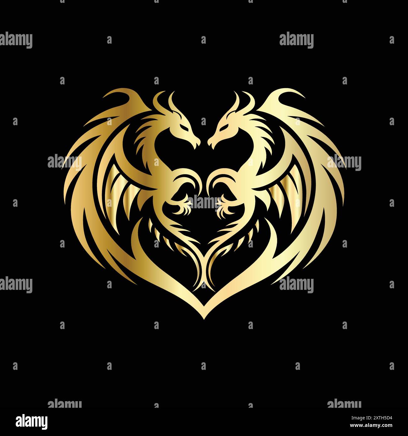 Golden winged dragon with heart shape on black background. Vector ...