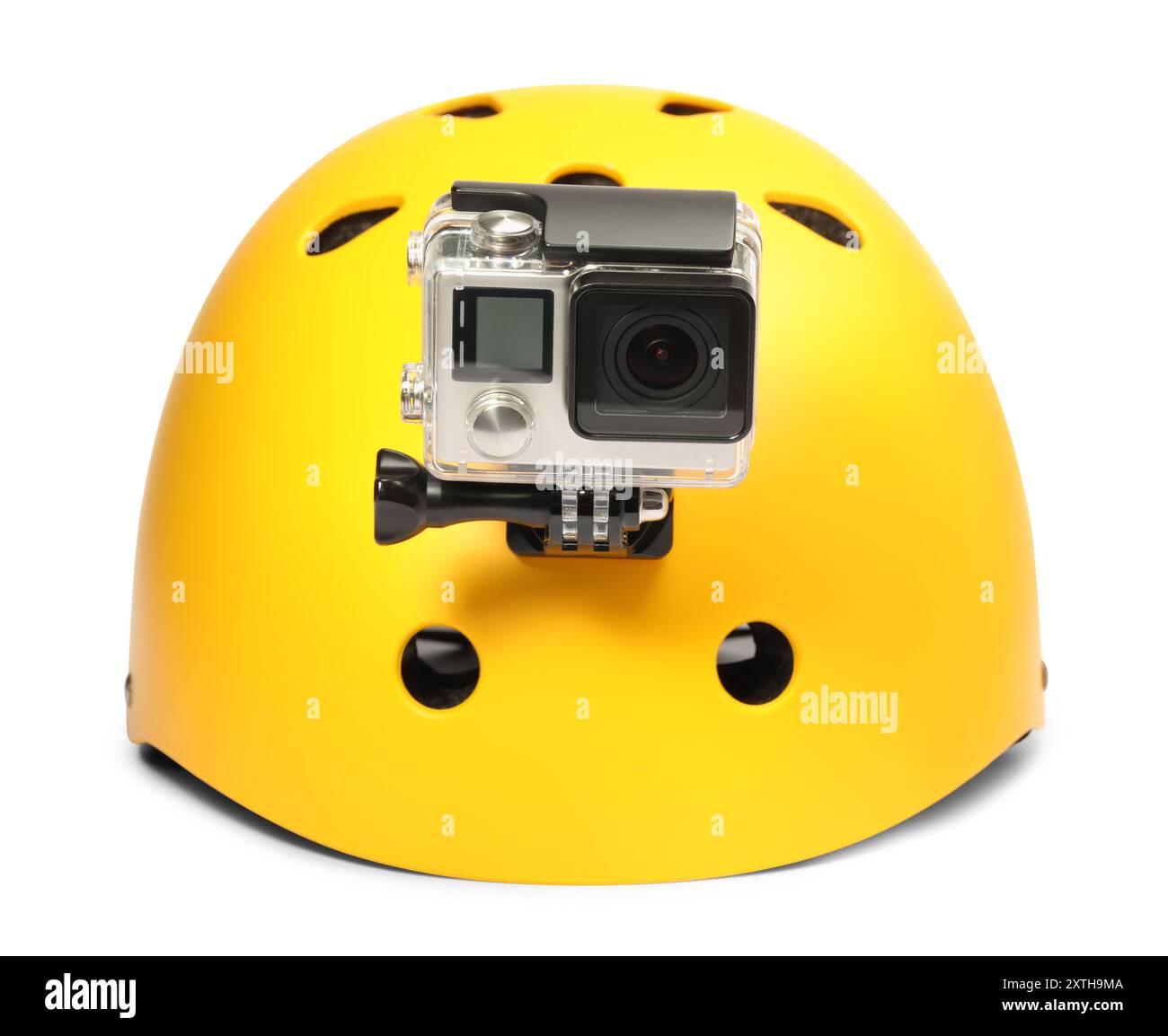 Modern action camera on helmet against white background Stock Photo - Alamy