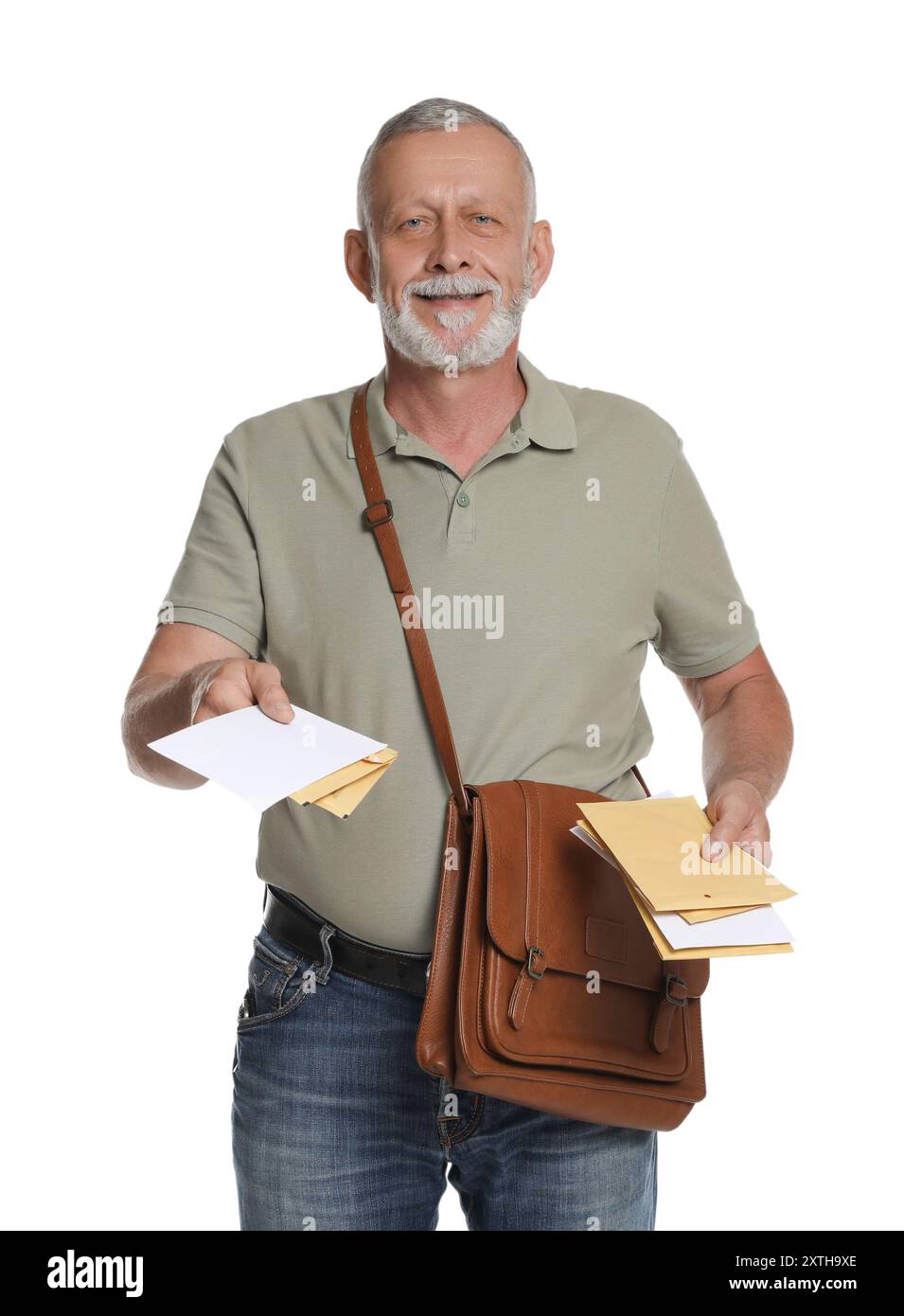 Postman with brown bag delivering letters on white background Stock ...
