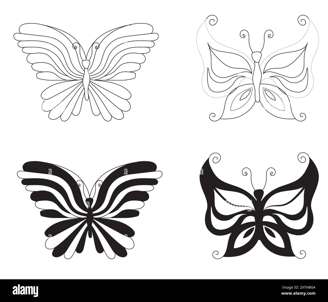 Simple butterflies. Small set in two styles, doodle and silhouette ...