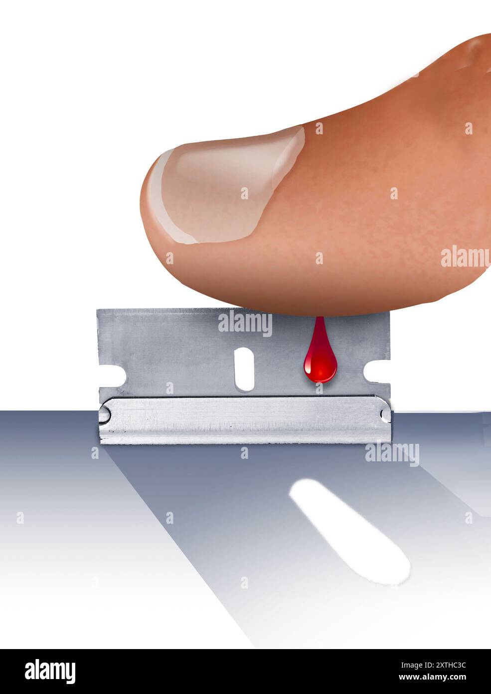 A thumb on the sharp edge of a razor blade illustrates the idea of ...