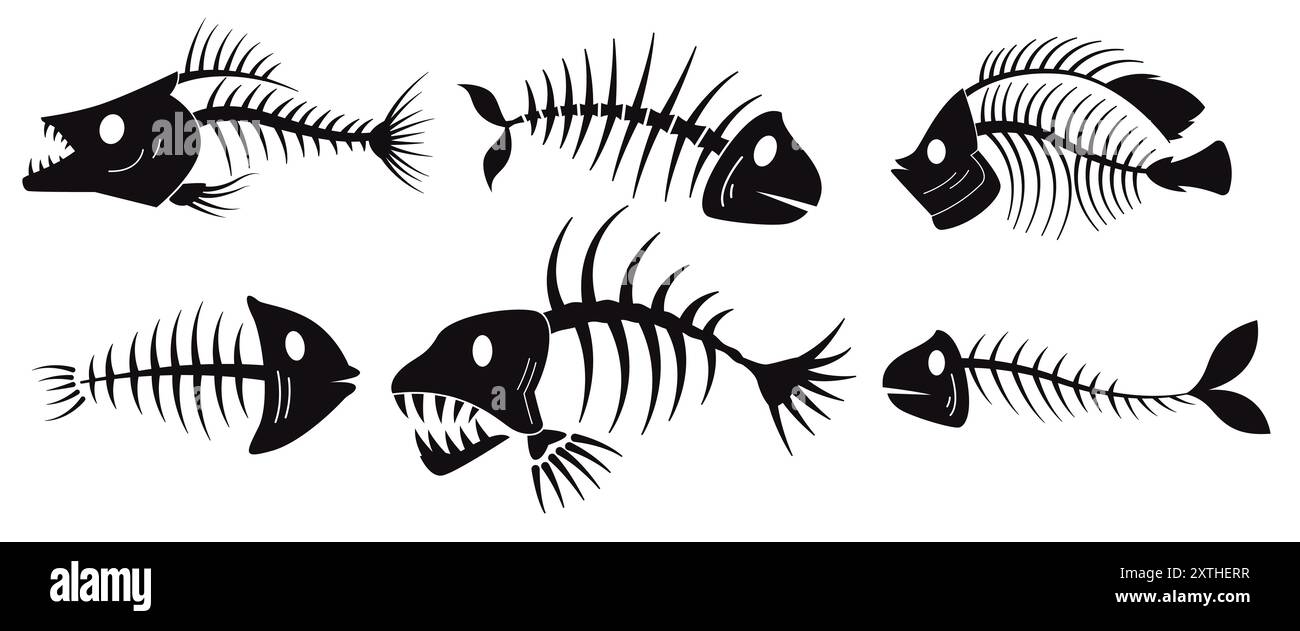 fish bone set collection dead bone river and sea fish black silhouette ...