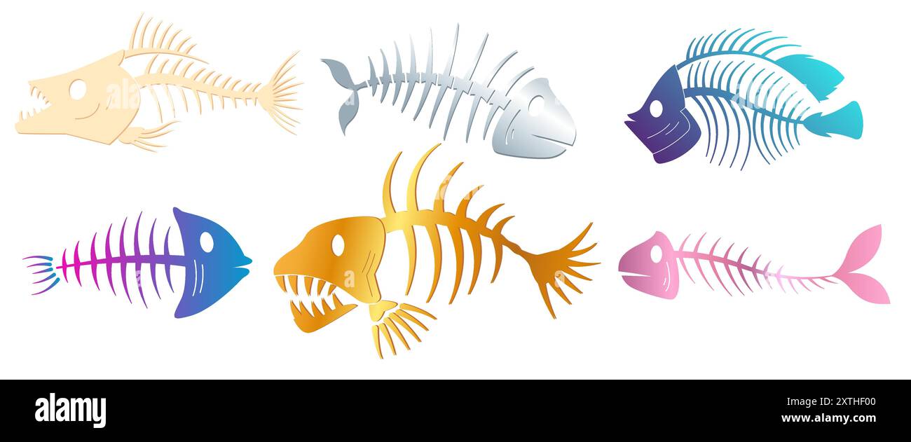 fish bone set collection dead bone river and sea fish gold silver ...