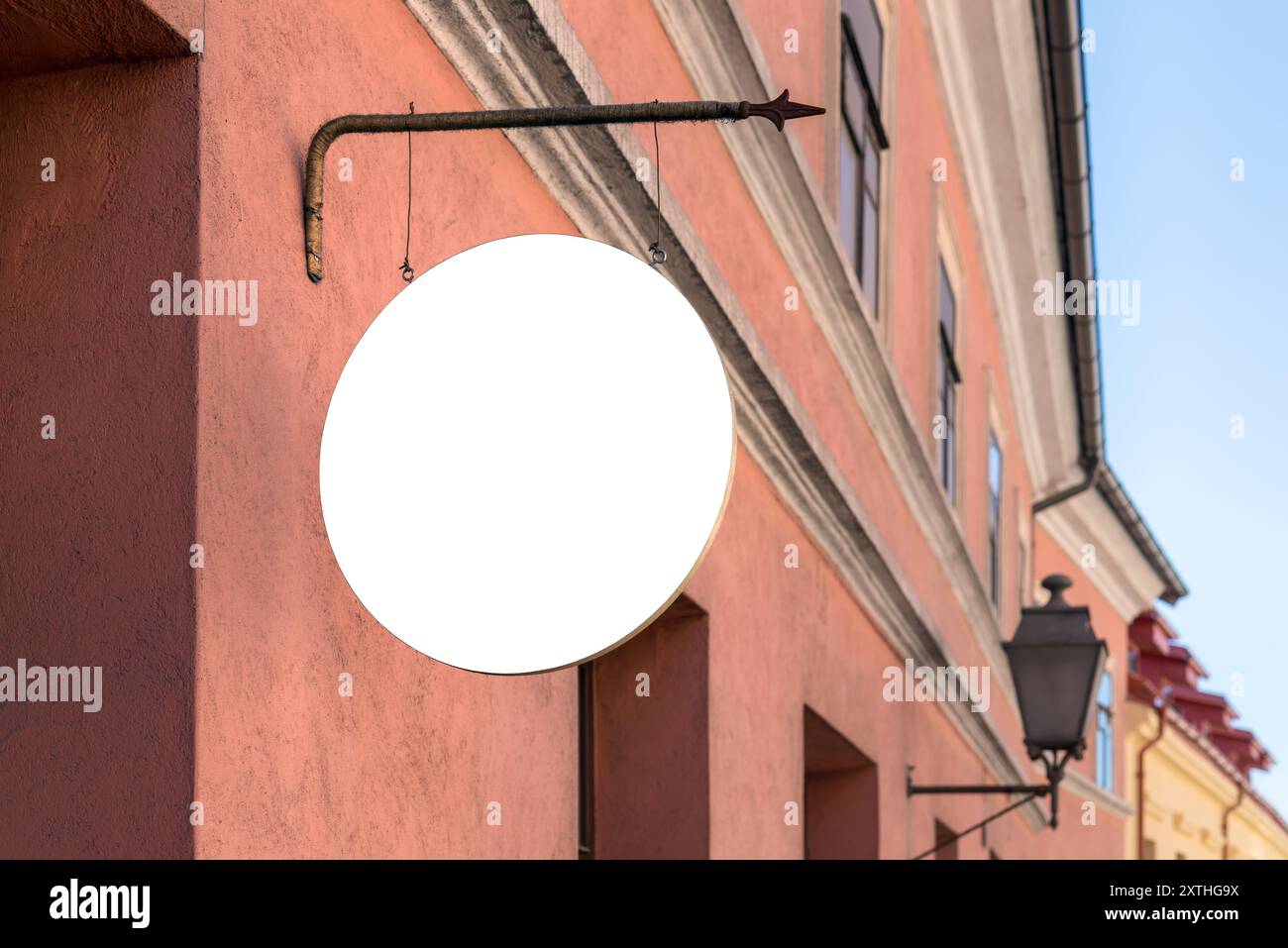 Blank Mockup Of Store Street Signboard Hanging On The Pink Wall. Empty ...