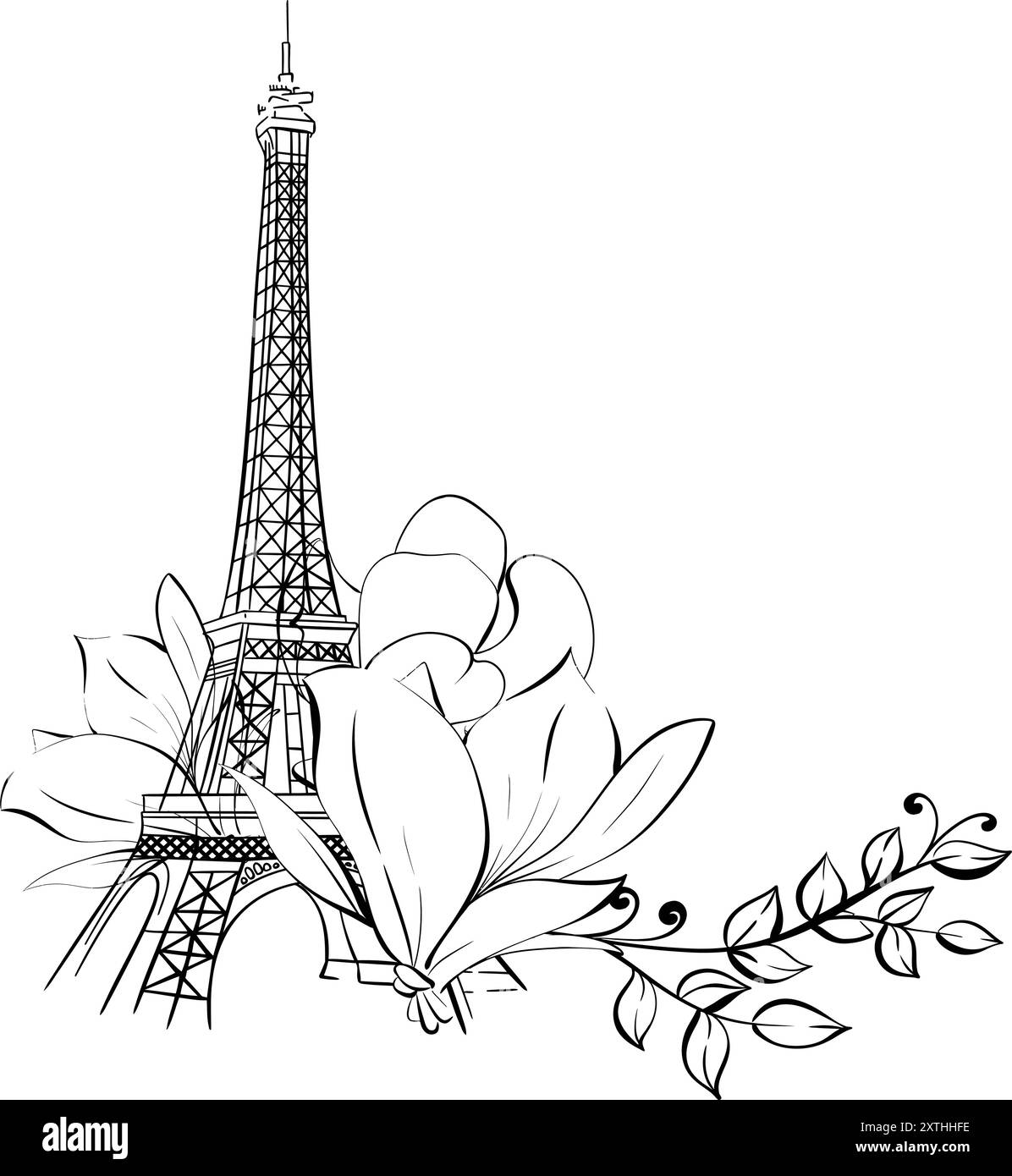 Vector illustration border of Eiffel Tower and flower. Magnolia ...