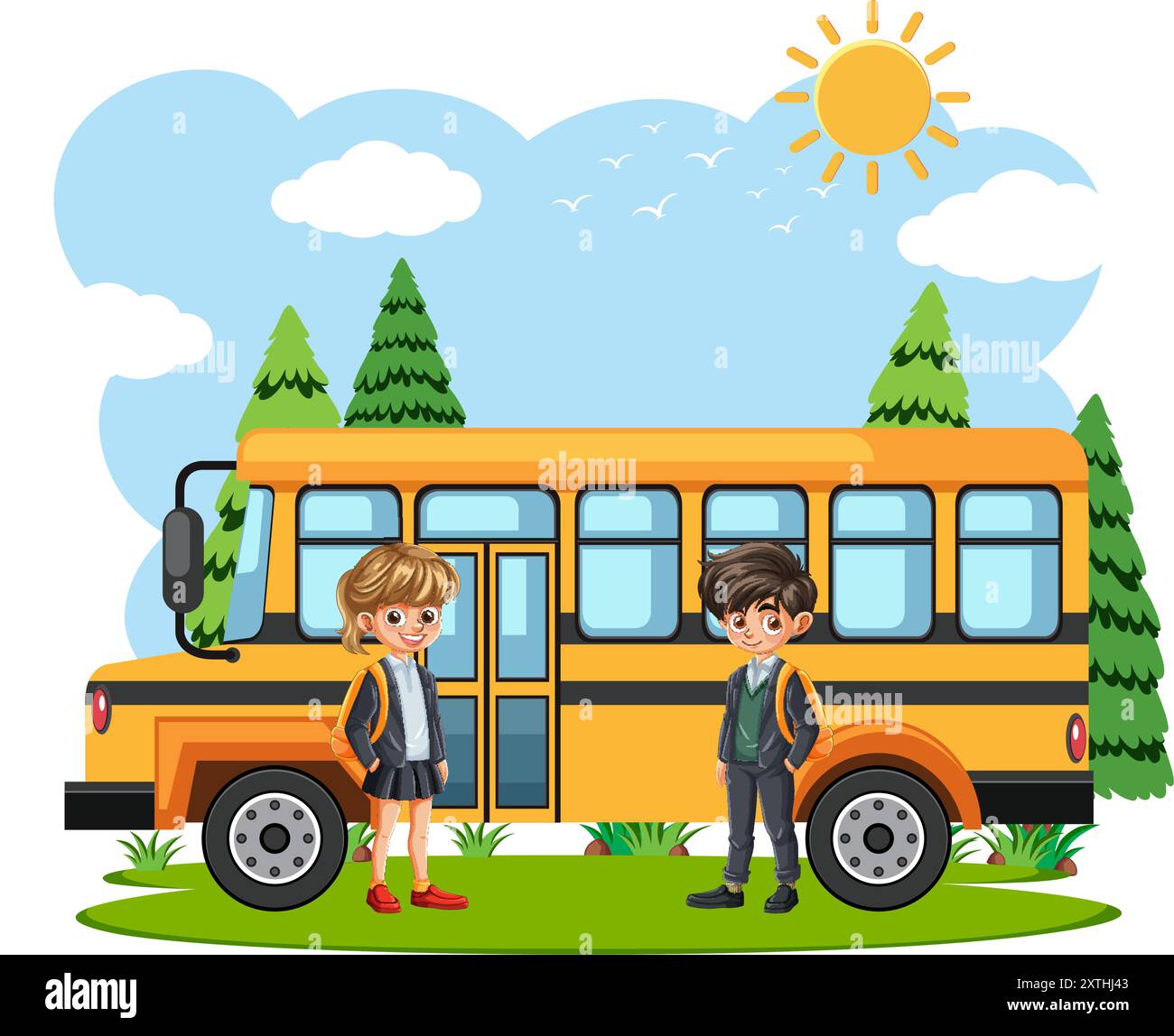 Two kids standing by a school bus Stock Vector Image & Art - Alamy