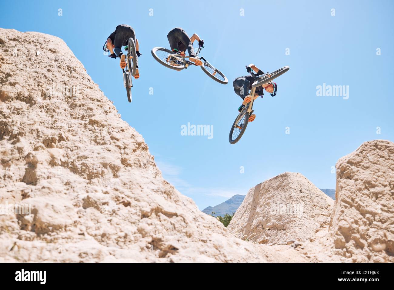 Jump, cycling and person on dirt bike with adventure, adrenaline and ...