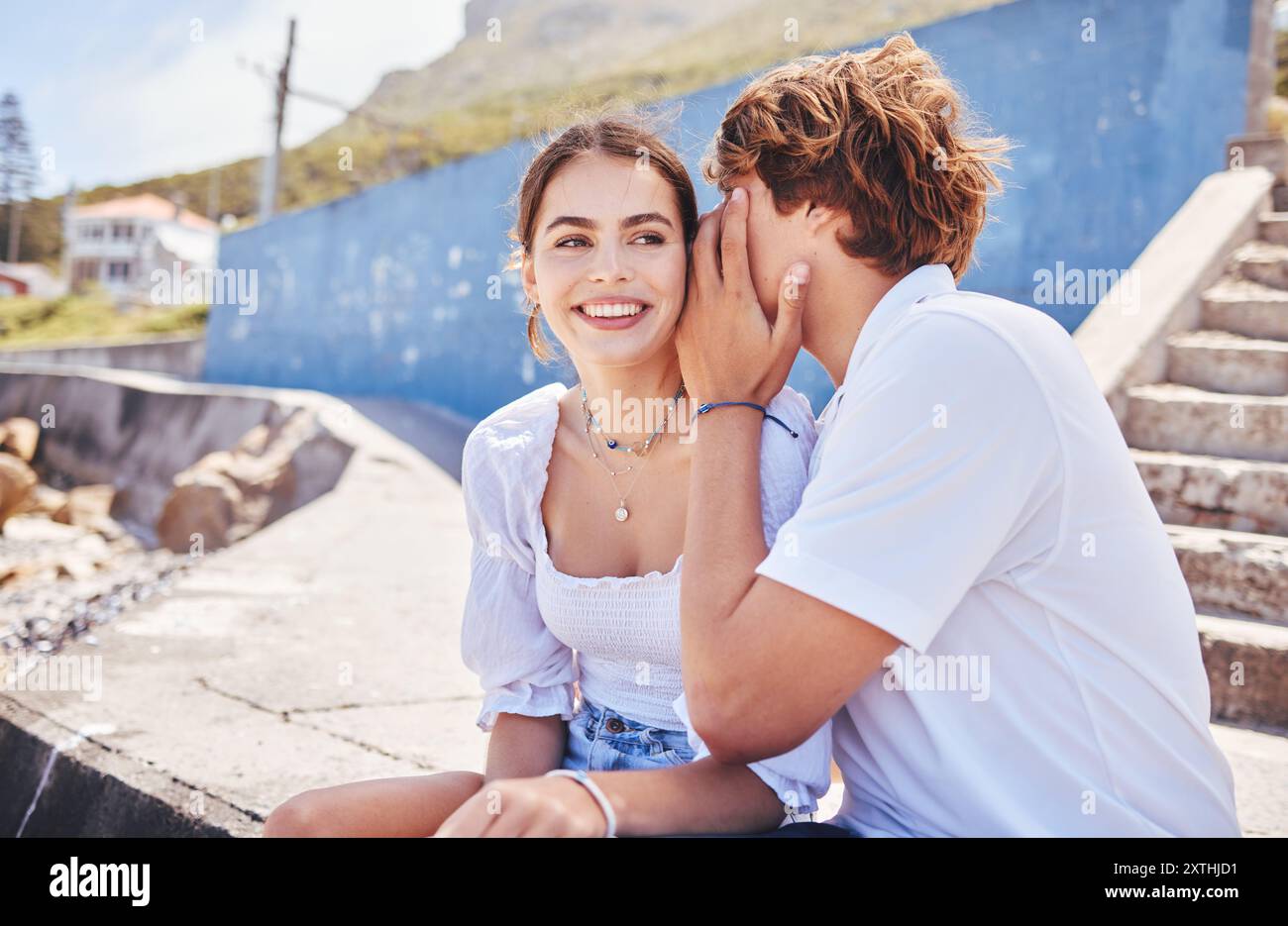 Outdoor Couple And Happy With Whisper In Ear For Gossip Conversation