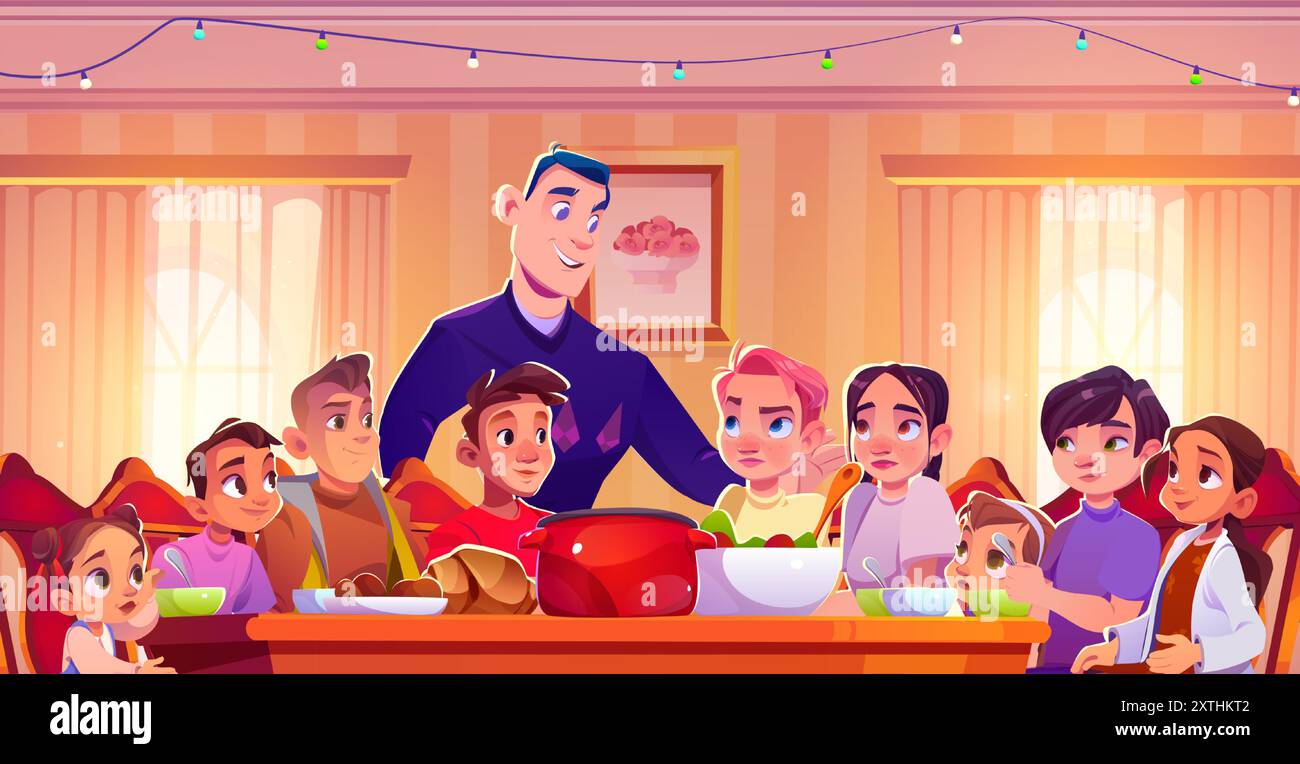 Family dinner or teenager friends party at home room interior. Cartoon ...