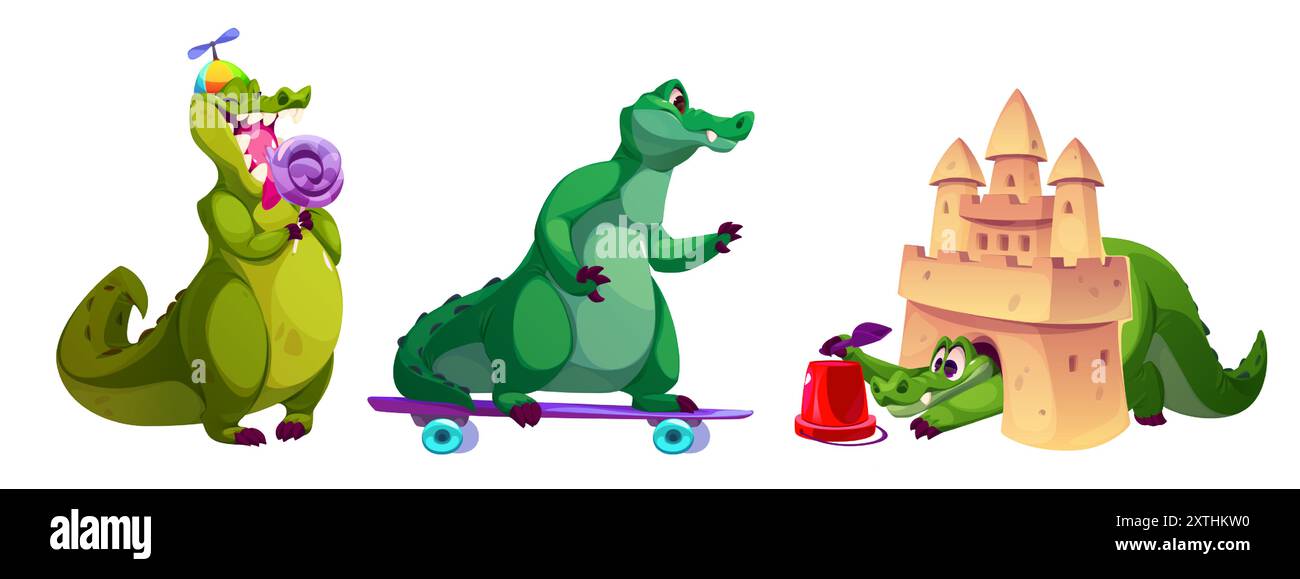 Cute funny green alligator cartoon mascot. Big comic friendly crocodile ...
