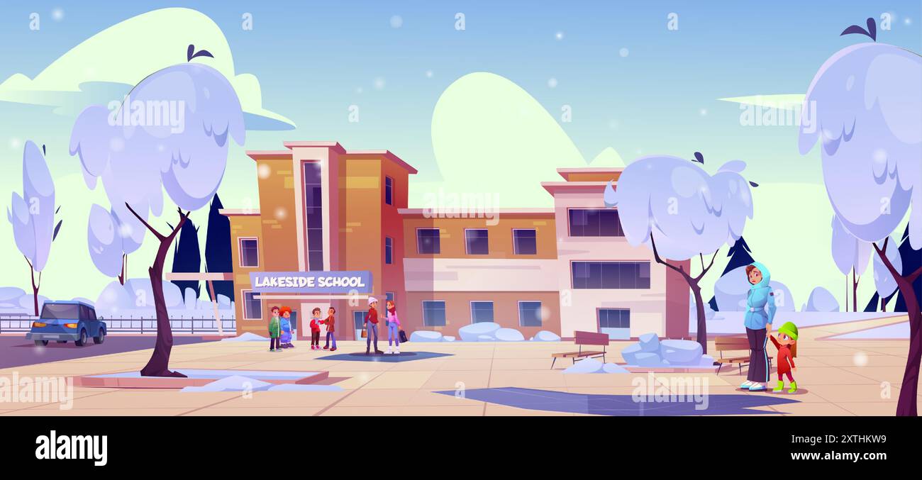 People in winter school yard. Vector cartoon illustration of sad and ...