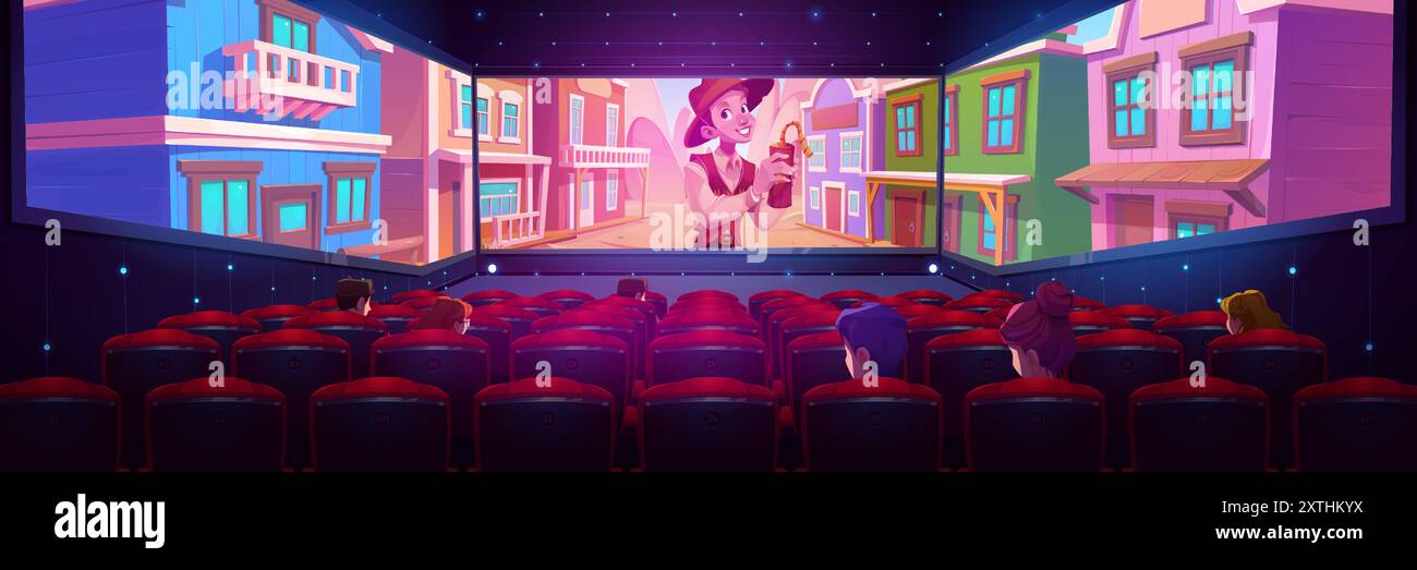 Cinema hall interior with red seats and western film on screen. Cartoon ...
