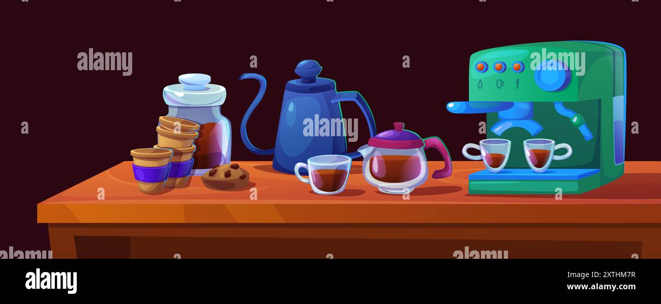 Barista coffee making setup with utensil and equipment on wooden table ...