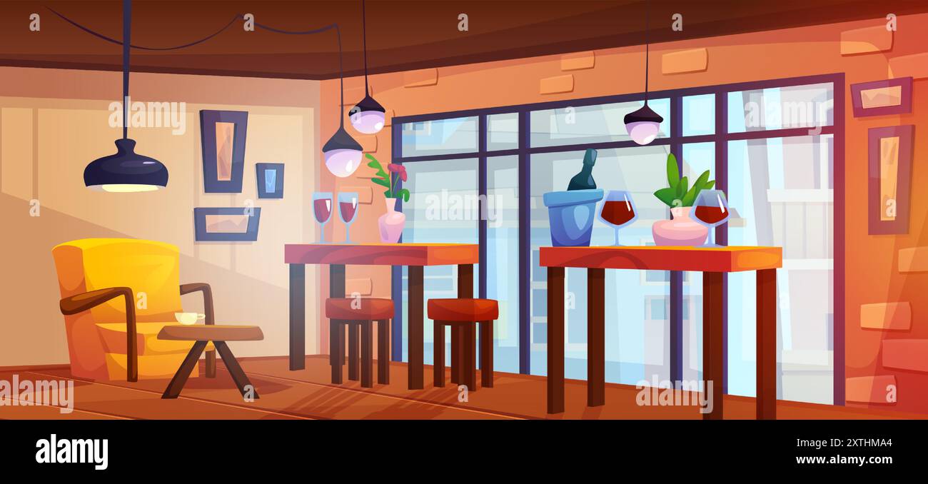 Cafe or restaurant interior with high bar stands and stools near window ...