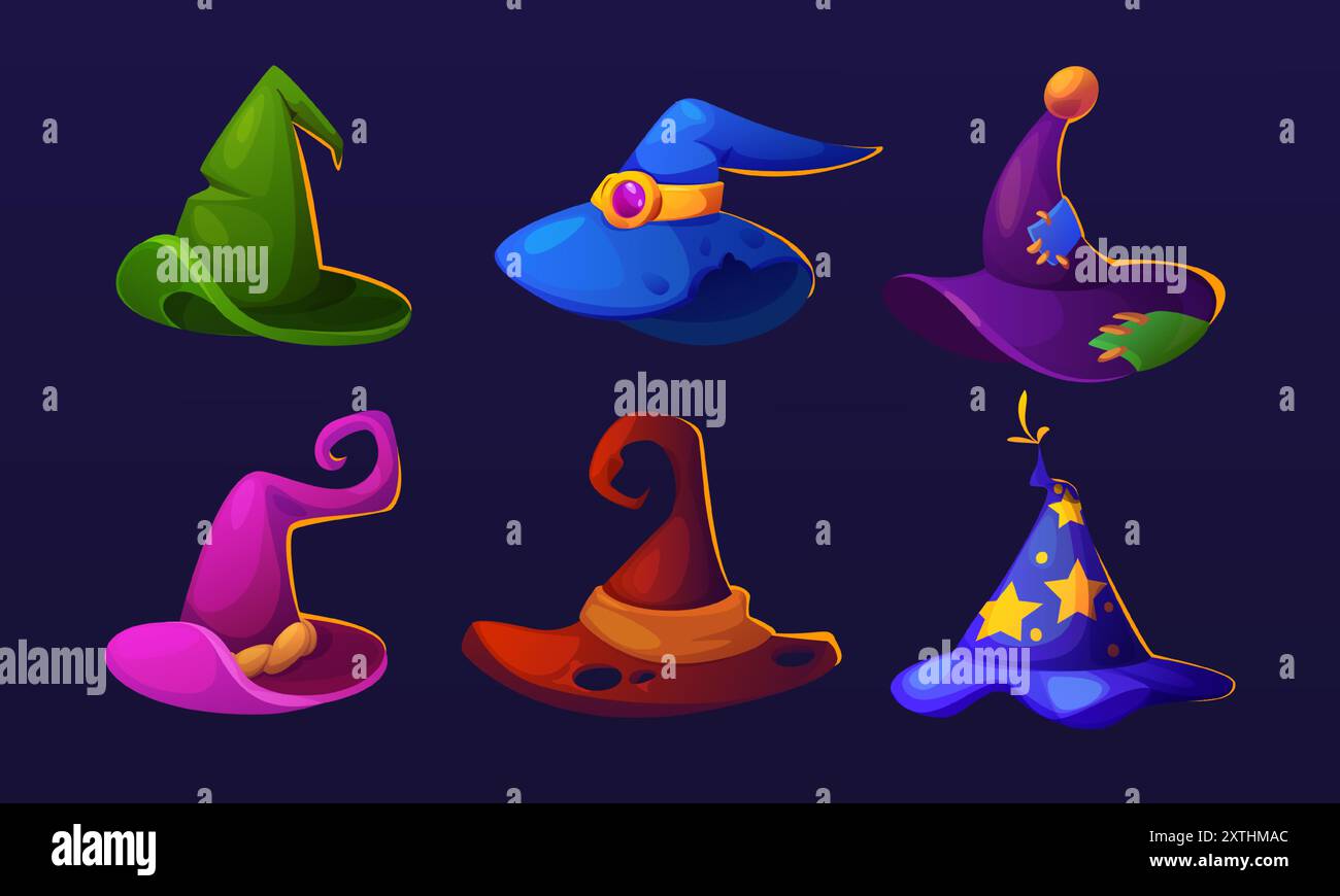 Magic fairy witch cap with pointy end and decorative elements. Cartoon ...