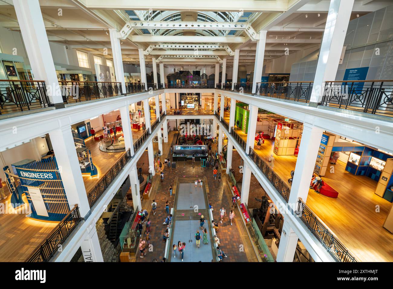 London Science Museum interior panoramic of museum gallery hall with ...