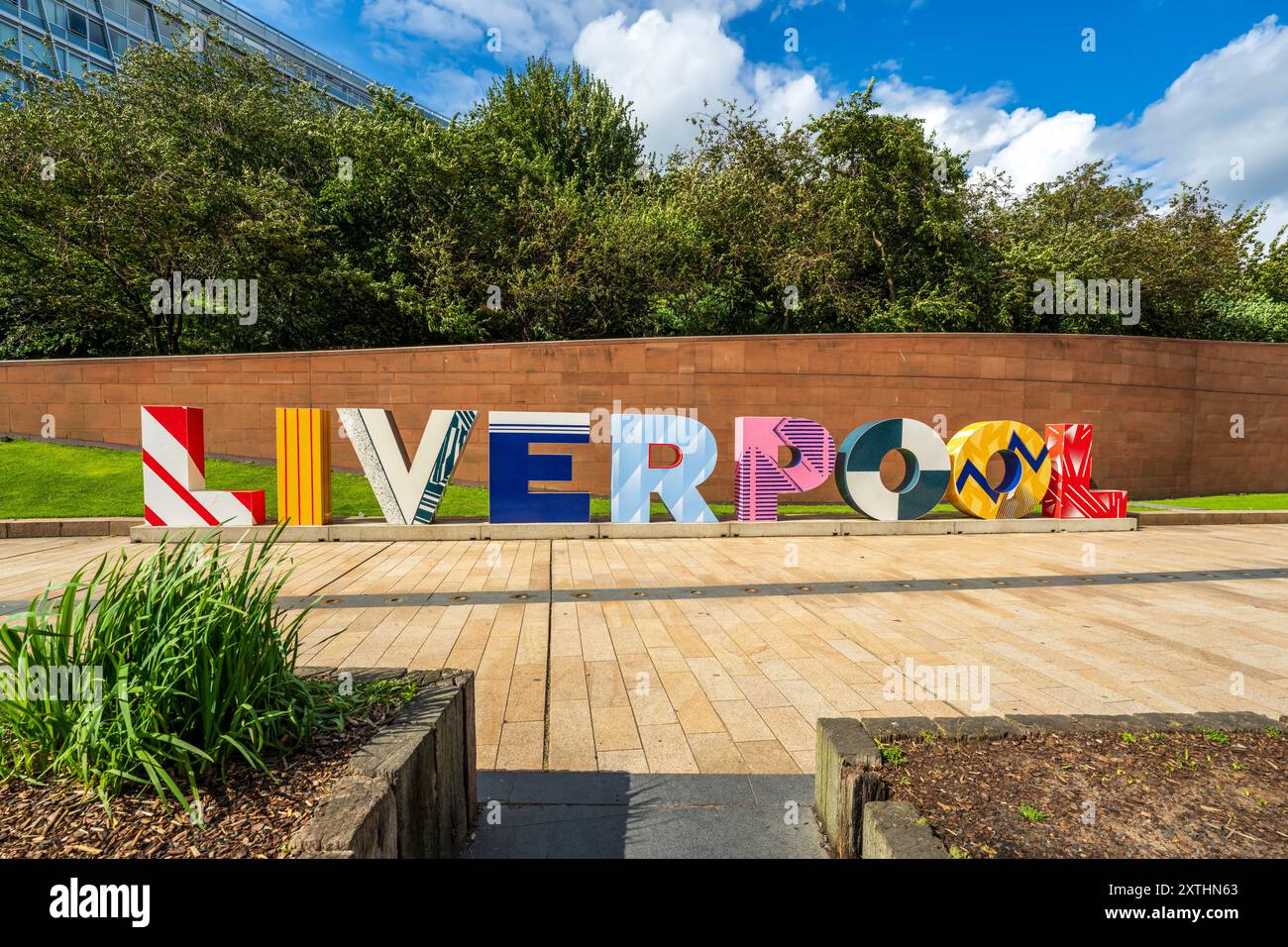 Colorful iconic Liverpool sign, a sculpture in downtown Liverpool One ...