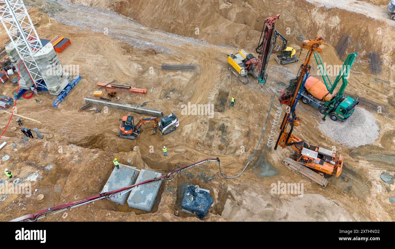 Drone photography of construction drill at construction site during ...