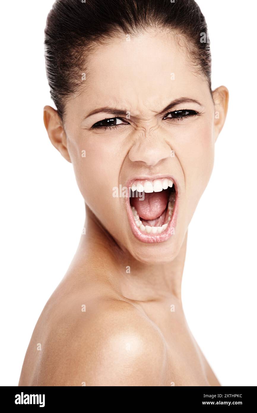 Woman, portrait and shout in studio with anger, frustrated and rage ...