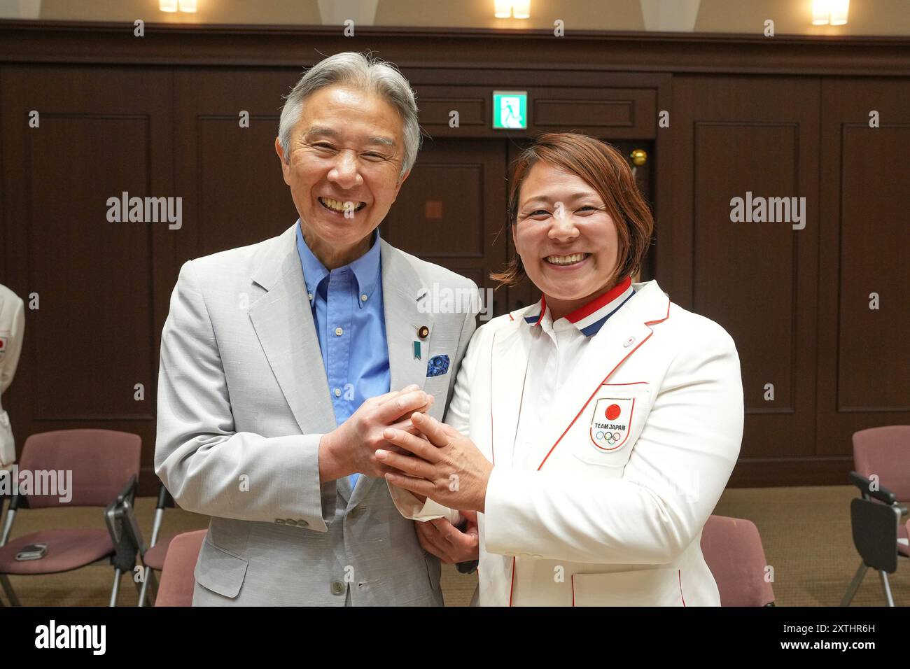 (L-R) Masahito Moriyama, Ayumi Tanimoto, Japanese Delegation for Paris 2024 Olympic attend a ...