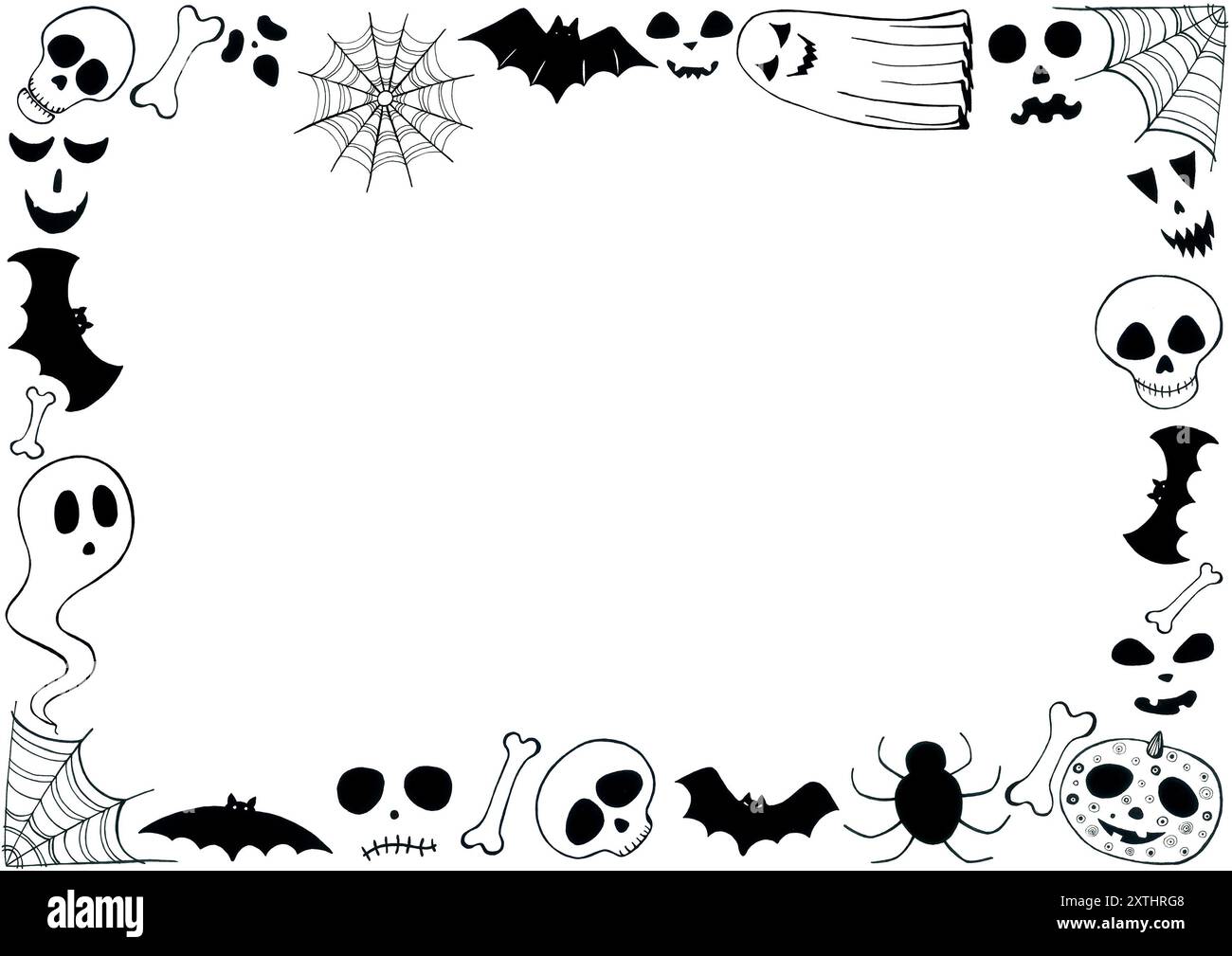 Frame of various Halloween elements. Ghosts, skulls, bones, scary faces ...