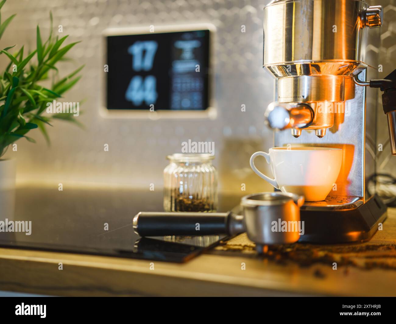 Barista equipment. Coffe cup next to espresso machine Stock Photo - Alamy