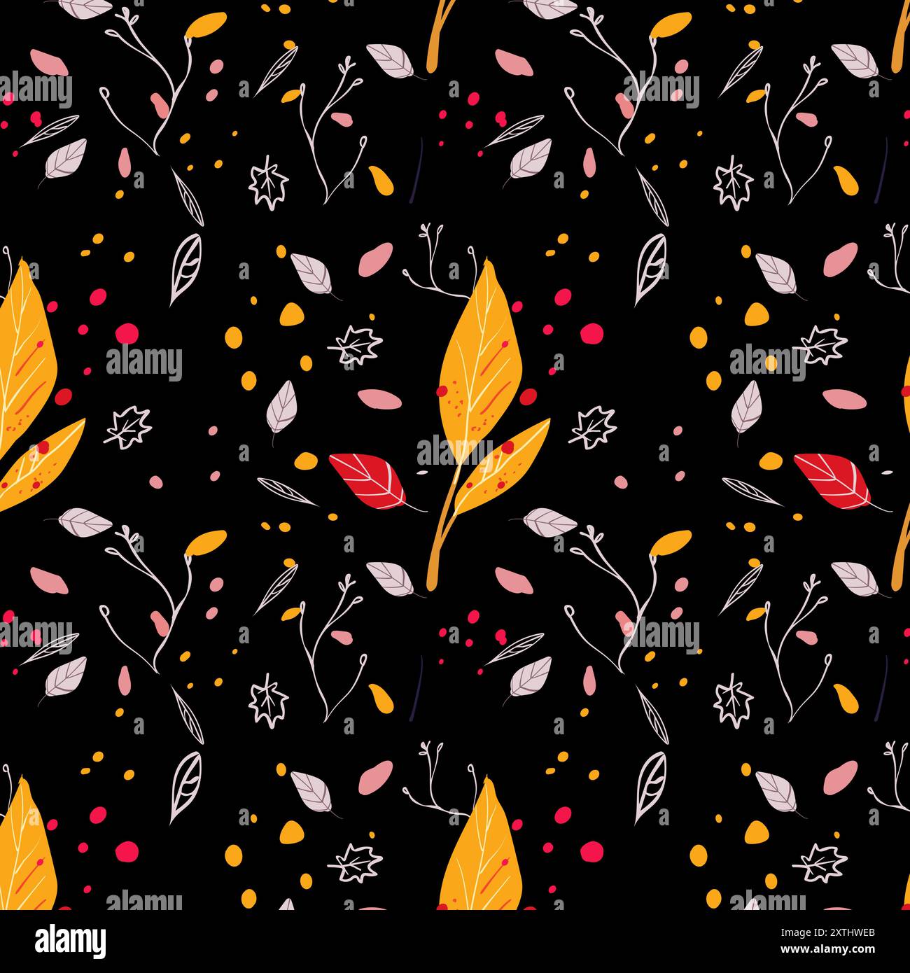 Autumn seamless pattern on a black background with yellow leaves and ...