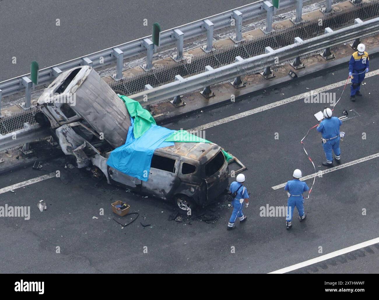 An aerial photo shows a motor vehicle accident on Tohoku Expressway in ...