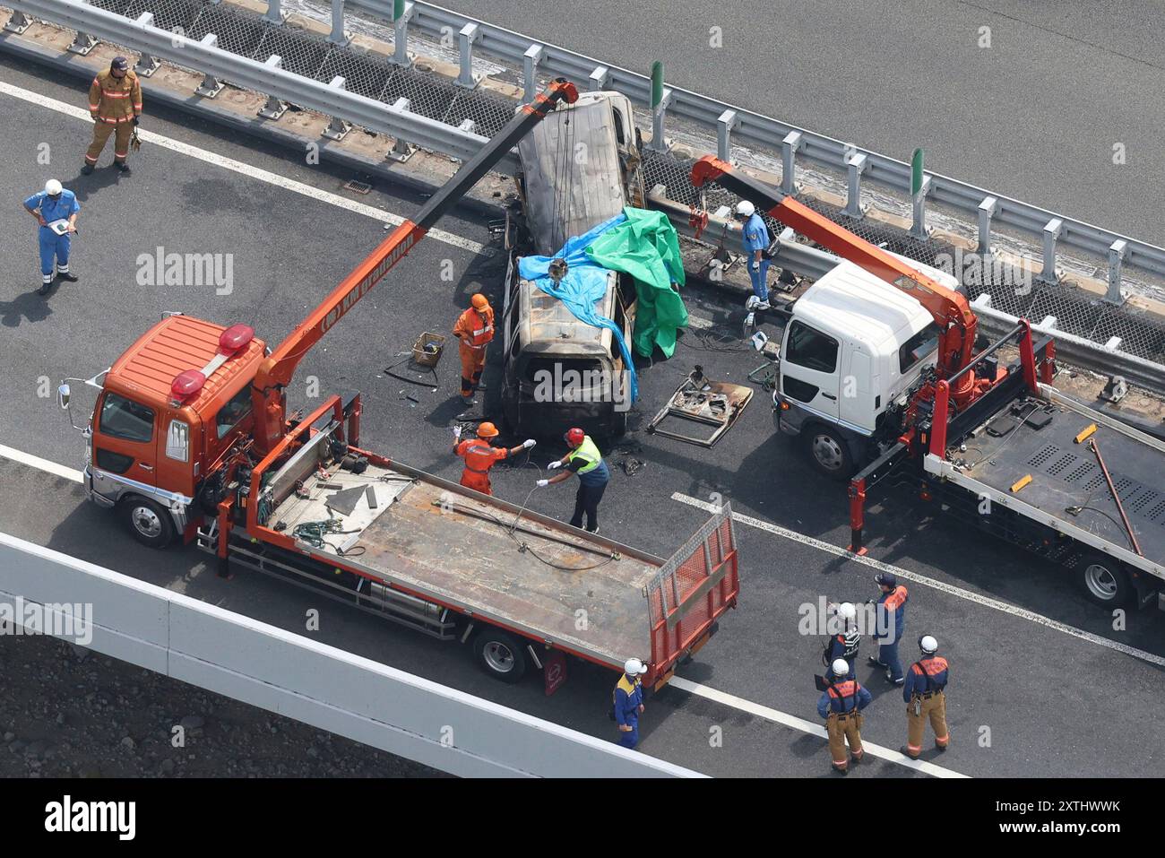 An aerial photo shows a motor vehicle accident on Tohoku Expressway in ...