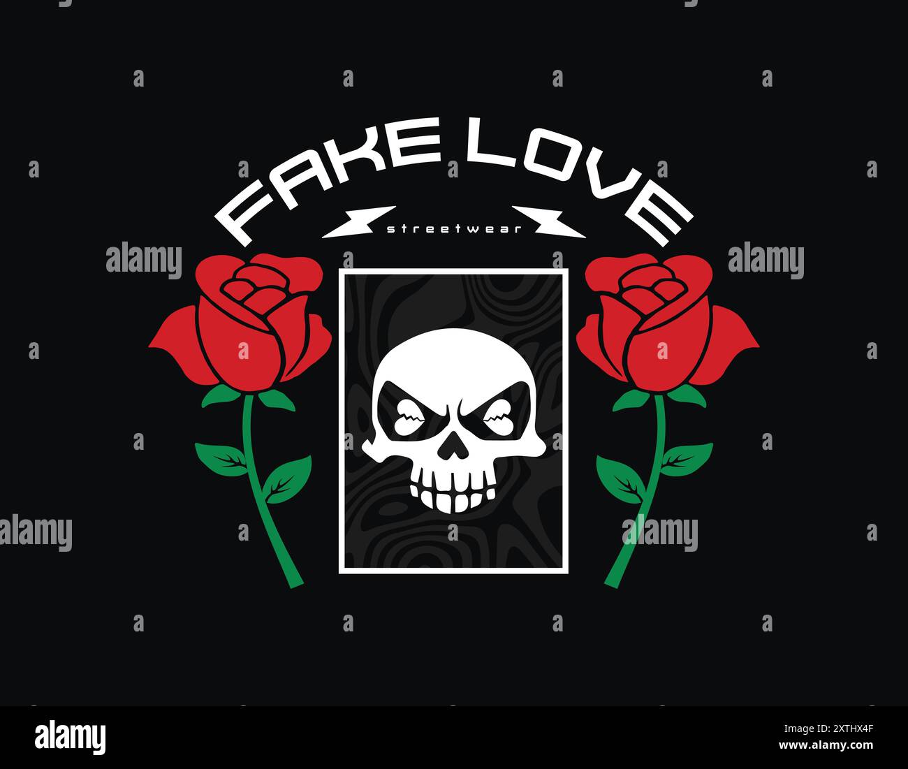 fake love concept vector graphic with skull and roses, urban streetwear ...