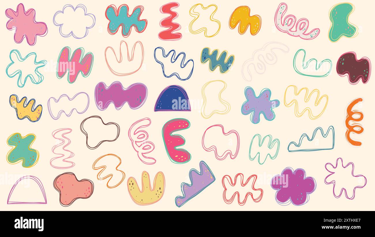 Set of modern abstract blobs in outlines and filled with colors. Hand drawn vector illustrations ...