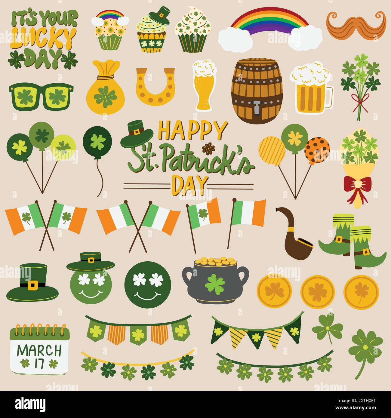 St. Patrick's Day elements set. Balloons, clover leaves, Ireland, Irish flags, leprechaun boots ...