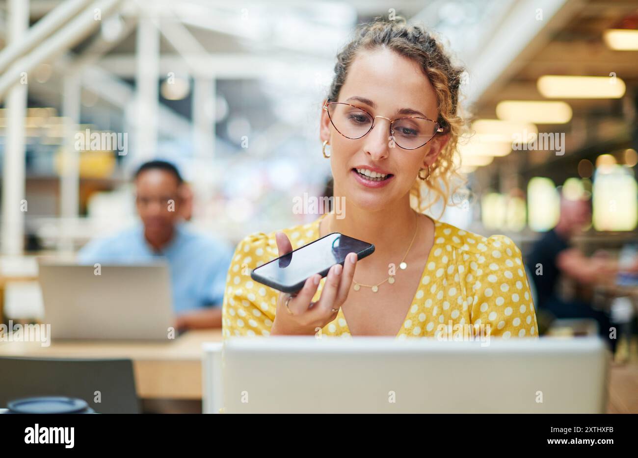 Laptop, businesswoman and speaker in phone call with contact ...