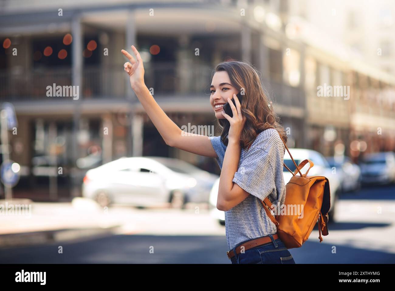 Phone call, smile and taxi with backpacker woman on street of city for ...