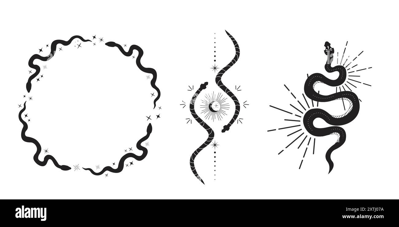Celestial serpent snake circle frame, esoteric tarot or tattoo mystery ...