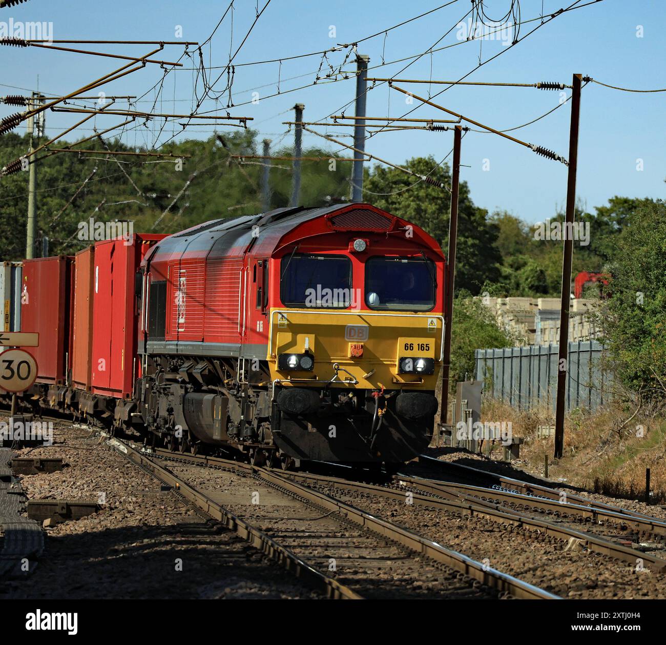 DB Cargo diesel locomotive no 66165 comes off the line from Bury St ...