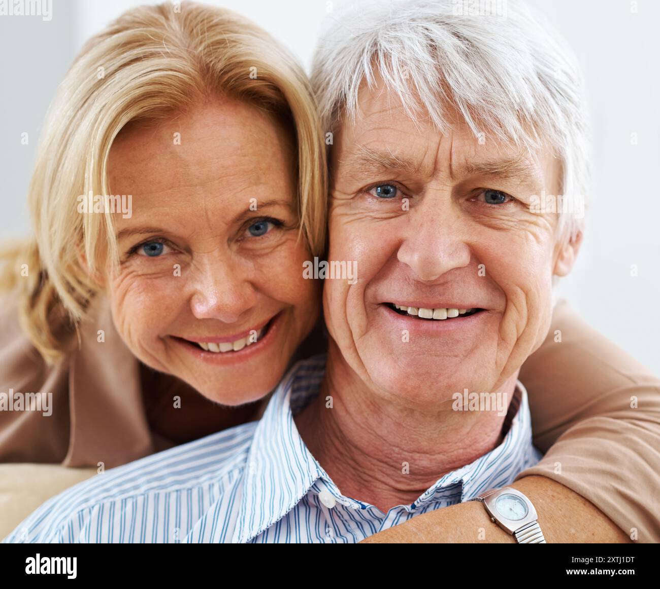 Portrait, love and senior couple hug with retirement, smile and ...