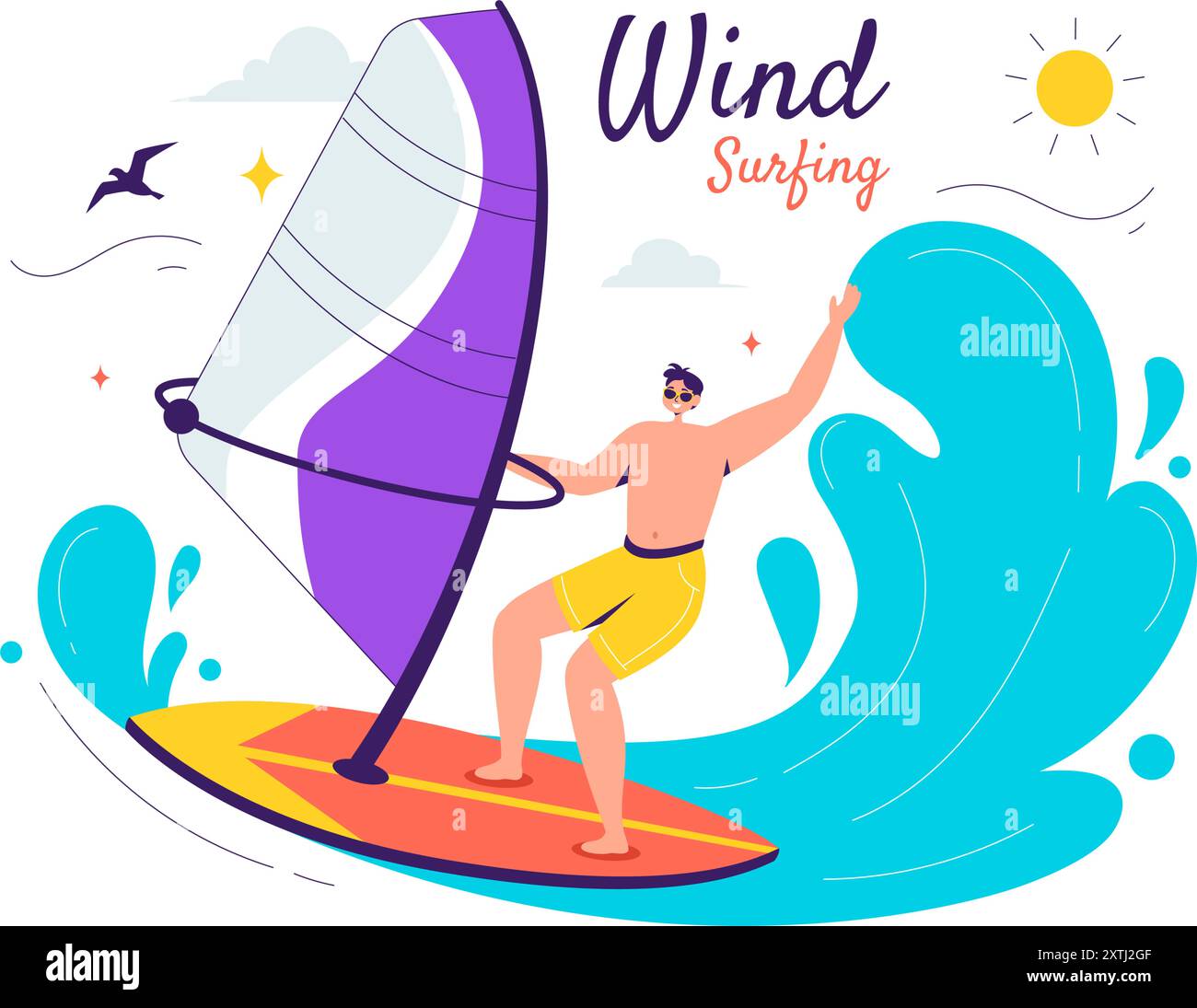 Vector Illustration of Windsurfing with a Person Standing on a Sailing ...