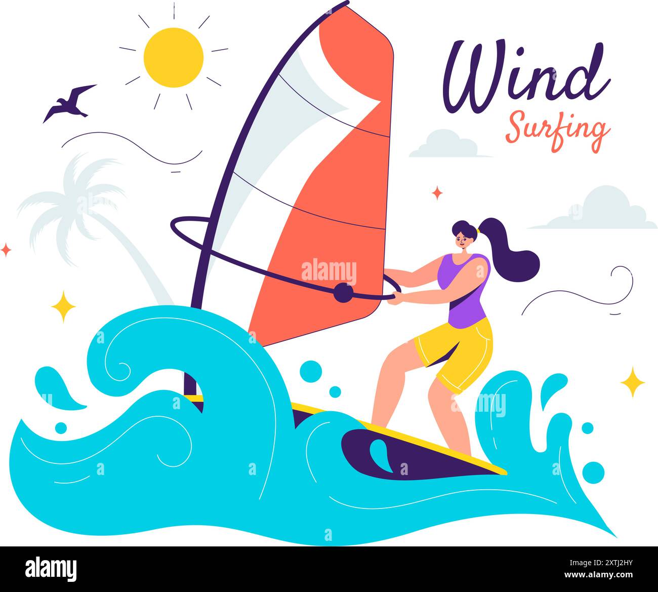 Vector Illustration of Windsurfing with a Person Standing on a Sailing ...