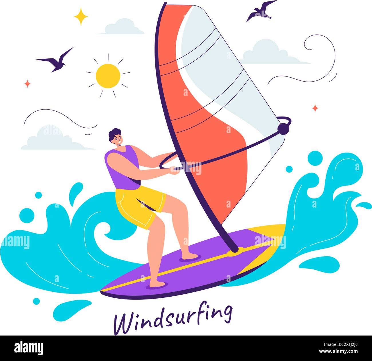 Vector Illustration of Windsurfing with a Person Standing on a Sailing ...
