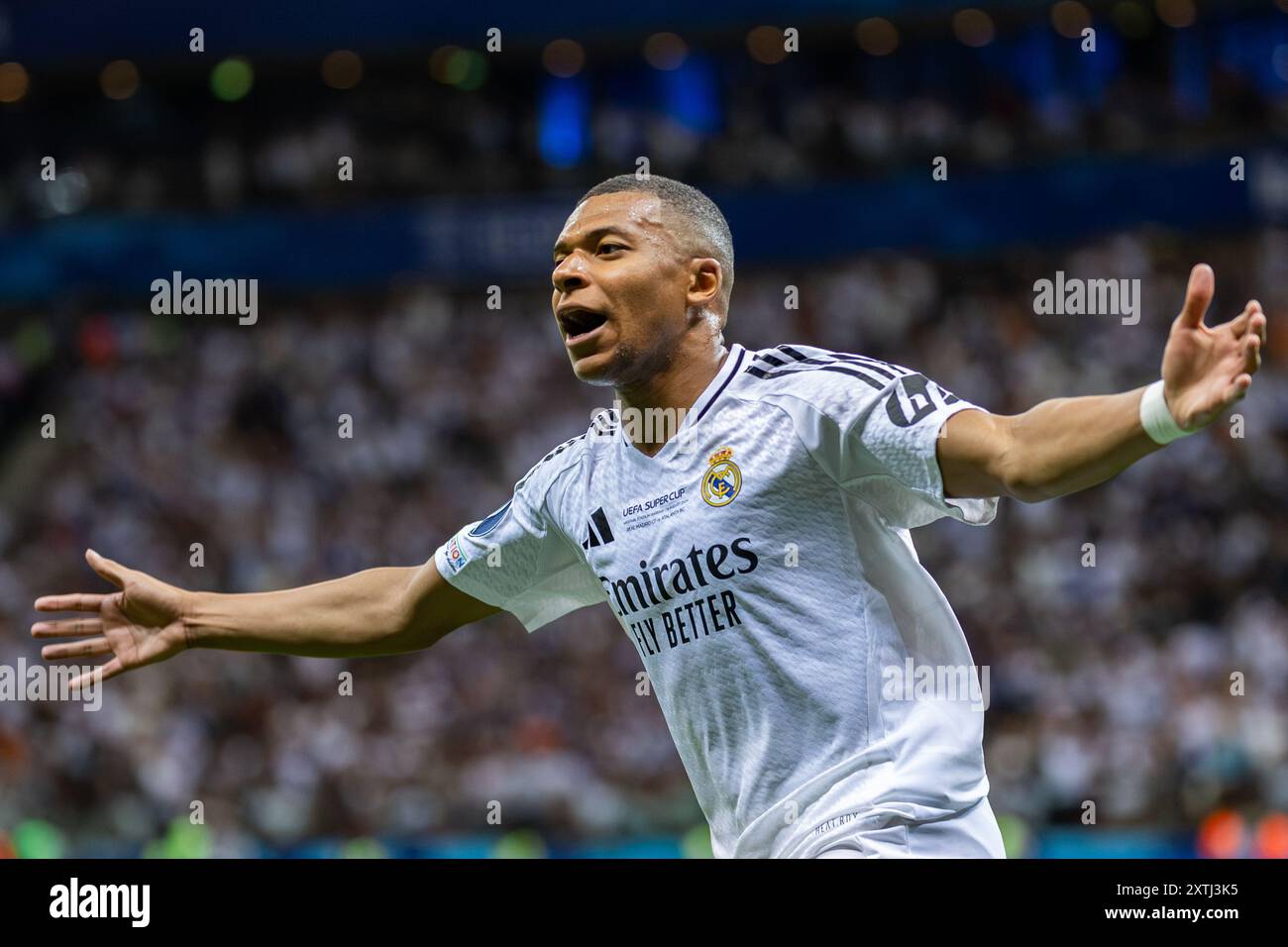 Kylian Mbappe of Real celebrates a goal during the UEFA Super Cup 2024 ...