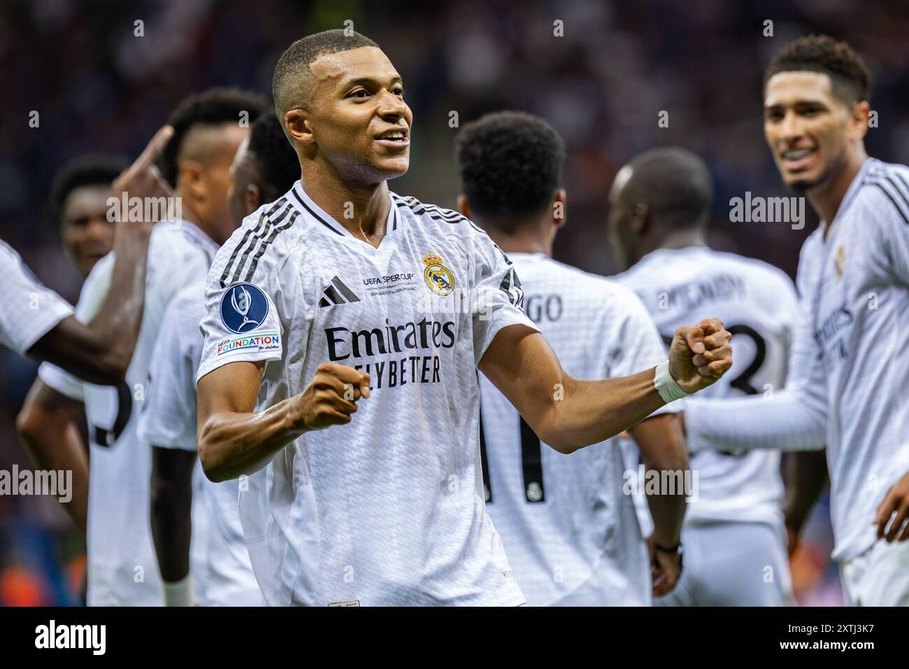 Kylian Mbappe of Real celebrates a goal during the UEFA Super Cup 2024 ...