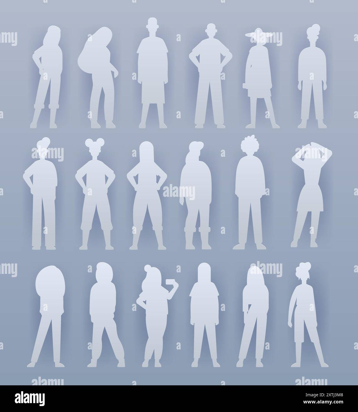 Silhouette figures of diverse people in various poses paper cut style grey background Stock ...