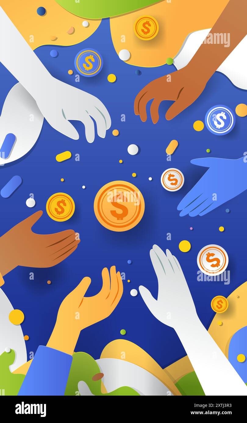 Hands reaching for coins teamwork collaboration colorful abstract ...