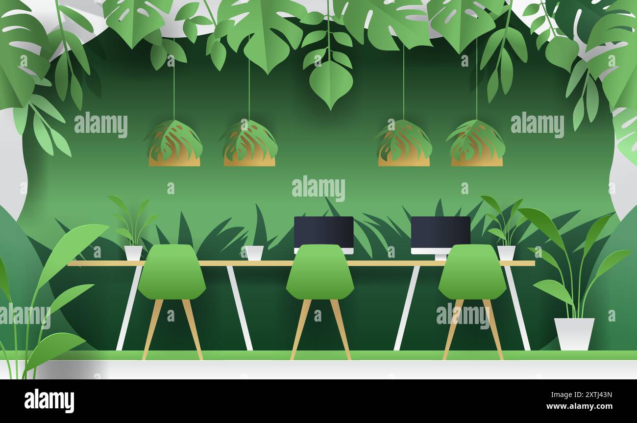Office workspace with greenery modern design. Green office chairs desks ...