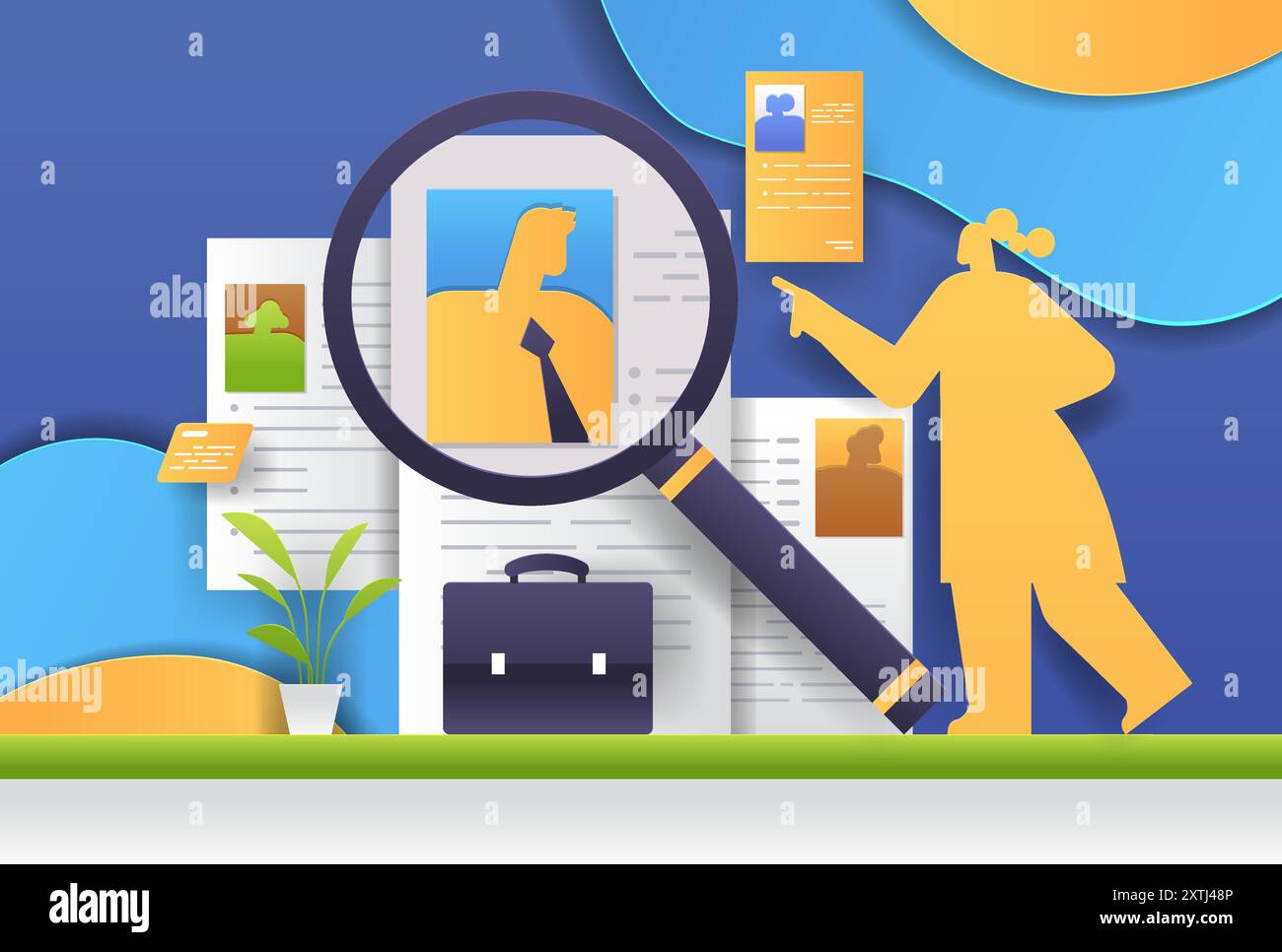 Job recruitment concept magnifying glass resumes silhouettes ...
